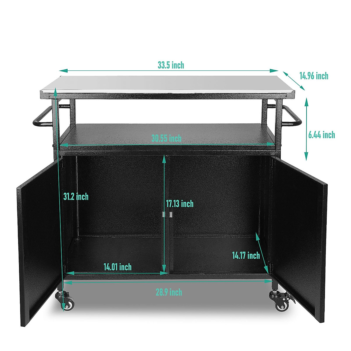 Karpevta Outdoor Grilling Table with Storage, Metal Outdoor Grill Cart with Storage and Wheels,Stainless Steel Countertop Kitchen Island Cart and Storage Cabinet for BBQ,Patio,Backyard