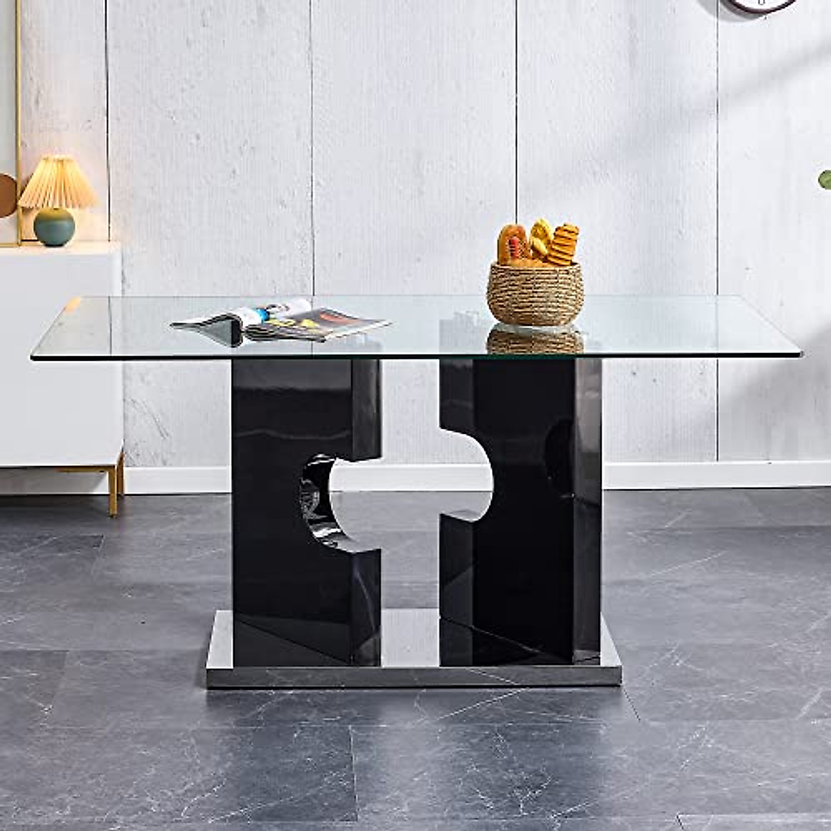 LFVFFA Glass Dining Table, Dining Table and Chairs Set,63" Glass Dining Room Table Set for 6-8，Modern Dining Room Furniture Set,for Dining Room，Kitchen (Double Black+63'', Single Table)