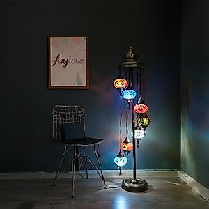 Asylove Turkish Floor Lamp, Mosaic Moroccan Lamp 7 Globe Livingroom Floor Lighting Standing Decorative Home Mid Century Modern Designs Handmade Glass 5 inch Globe - Total Height 60 inch (colormix)