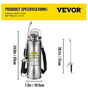 Happybuy 3 Gallon Stainless Steel Sprayer, 20" Wand & 3FT Reinforced Hose, Hand Pump Sprayer with Pressure Gauge, Safety Valve & Adjustable Nozzle, Garden Weed Sprayer for Lawn, Gardening & Sanitizing