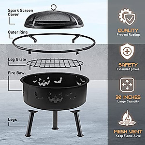 Fire Pit,Outdoor Fire Pits,Wood Fire Pits,Wood Burning Fire Pit,30" Fire Pits for Outside Patio,Backyard Fire Pit with Spark Screen,Log Grate,Poker Black