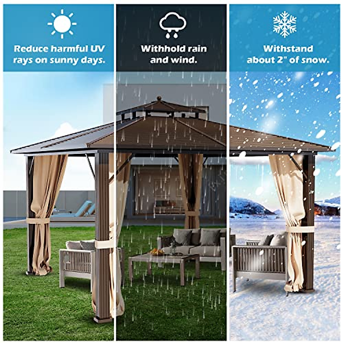 GAZEBEST 12' X 12' Permanent Hardtop Gazebo, Outdoor Galvanized Steel Double Roof Pavilion Pergola Canopy with Aluminum Frame Nettings and Curtains for Garden, Patio, Backyard, Deck and Lawns.