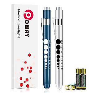 Opoway Nurse Penlight with Pupil Gauge LED Medical Pen Light for Nurses Doctors with Batteries Included 2ct, Silver and Blue