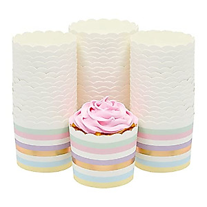 50 Pack Striped Paper Baking Cups, Rainbow Pastel Cupcake Liners for Muffins, Cupcakes, and Desserts for Birthday Parties, Spring Celebrations, and Baby Showers (2.2 In)