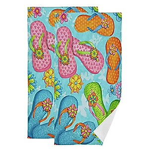Summer Slippers Hand Towels for Bathroom,Turquoise Pink Orange Flip Flops Sunflower Flowers Towels 16"x28" Ultra Soft Absorbent Bathroom Hand Towel for Face,Gym,Tea,Teal Kitchen Dish Towel Set of 2