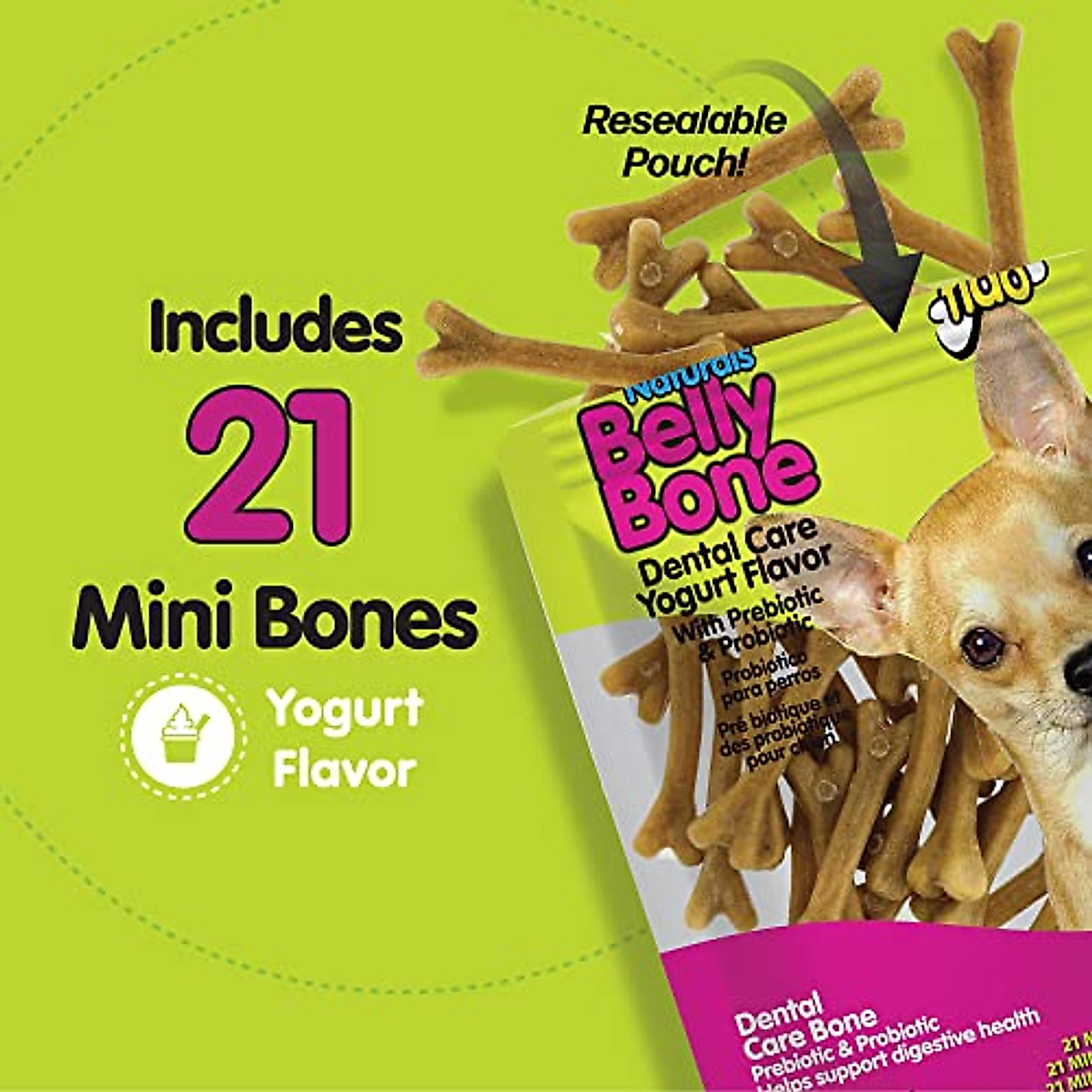 Fido Belly Bones for Dogs, Yogurt Flavored Mini Dog Dental Treats - 21 Treats Per Pack (3 Pack) - for Small Dogs (Made in USA) - Plaque and Tartar Control for Fresh Breath, Digestive Health Support