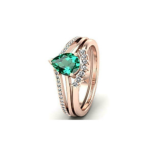 3.00 Ct Pear & Round Cut Green Emerald Diamond Engagement Wedding Women's Trio Ring Set 14k Rose Gold Finish (10.5)