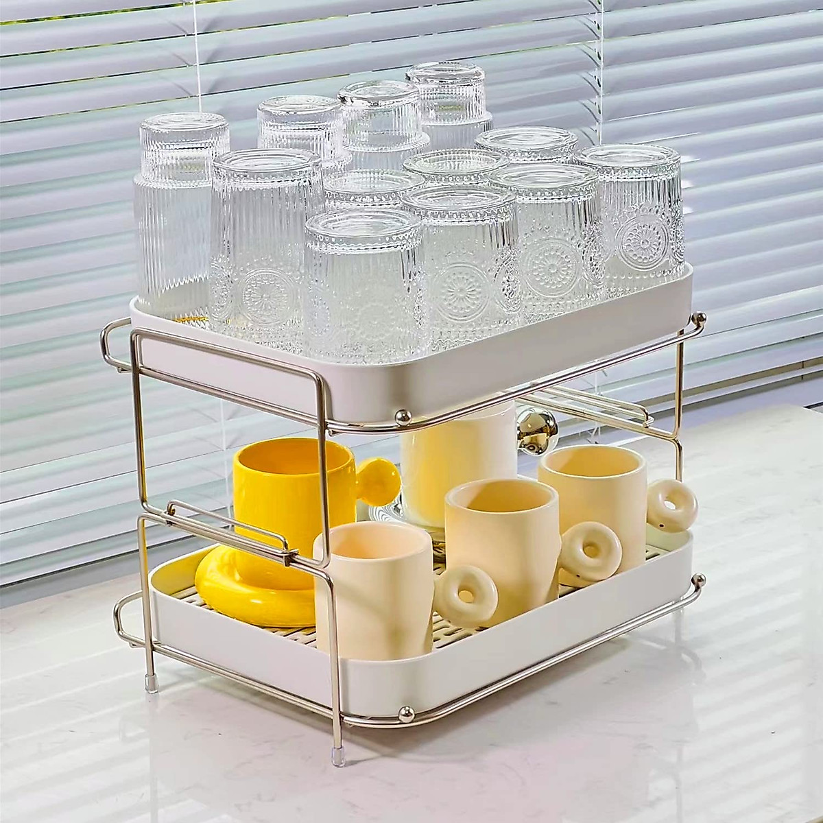 Zosenley 2-Tier Cups Mugs Drying Rack with Drain Tray , Kitchen Storage Organizer Shelf for Drinking Glass Bottle Bowls