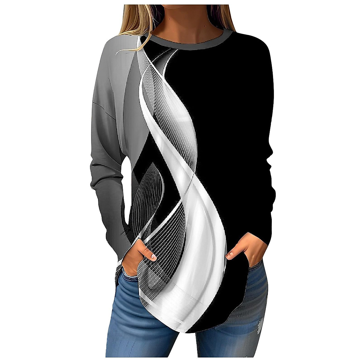 Blouses for Women Dressy Casual Sexy Long Sleeve Crew Neck Casual Tops for Women Tie Dye Gradient Tunic Tops Plus Size Long Shirts Winter Party Fall Clothes 2023 Trendy White 2X