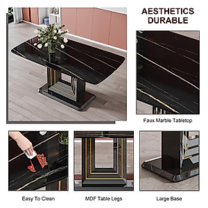 Maotifeys Luxury Faux Marble Dining Table for 6 Rectangular Kitchen Table with Black Gold Pedestal Base Elegant Black Marble Dinner Table for 4-6 People in Kitchen Dining Room Office