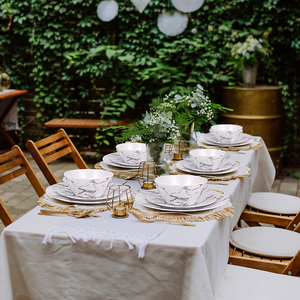 CUAEIBEY 12-Piece Melamine Dinnerware Set, White Marble, BPA-Free, Dishwasher Safe, Service for 4, Indoor/Outdoor Use