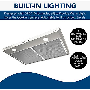 Broan-NuTone BKSH130SS Sahale 30-inch Under-Cabinet Easy Install 4-Way Convertible Range Hood with 2-Speed Exhaust Fan and Light, 300 Max Blower CFM, Stainless Steel