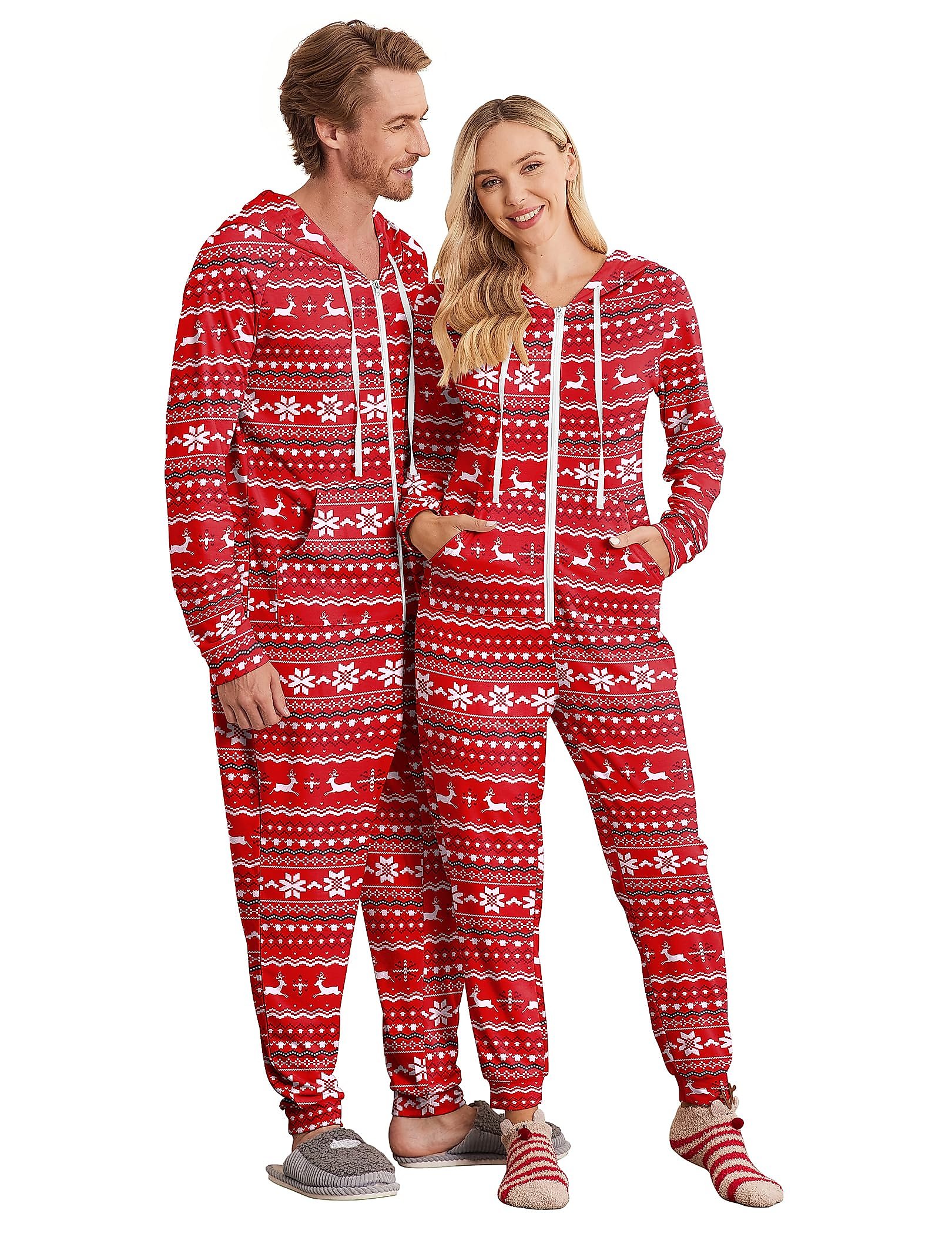 Ekouaer Christmas Onesie Adult Reindeer Onesie Womens Soft Onesie Pajamas With Pocket (Elk&Snowflake,Small)