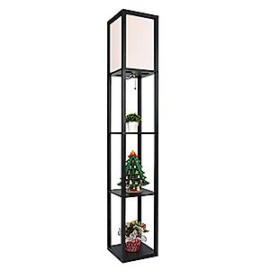 ELECWISH Shelf Floor Lamp Black Standing Lamps with White Shade and Solid Wood Frame, Without Led Bulbs