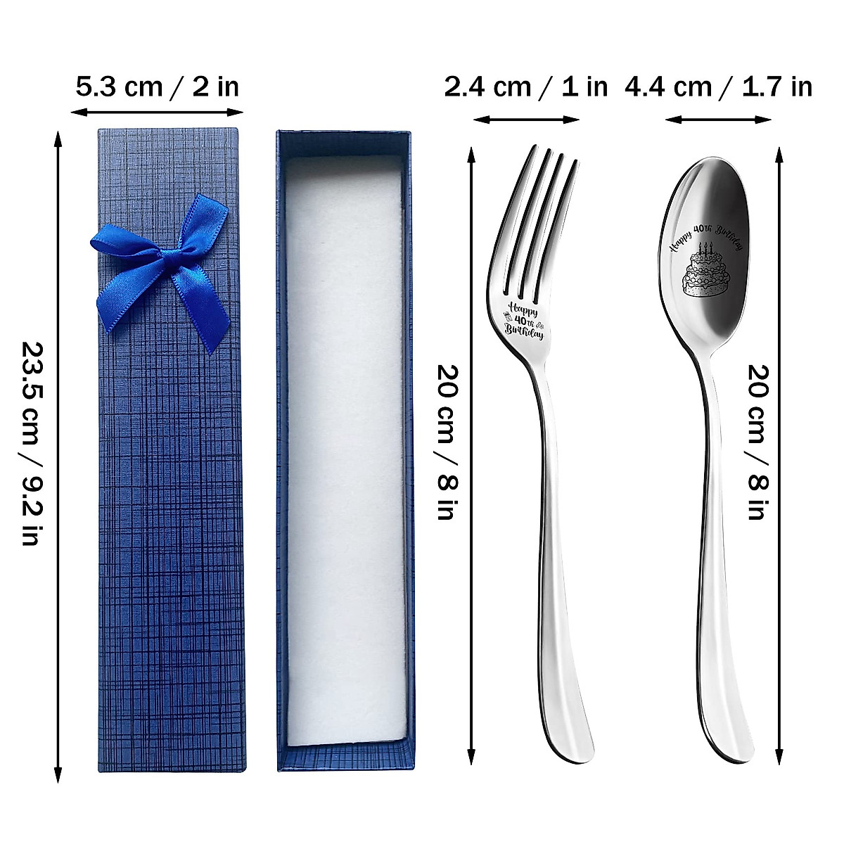 HSSPIRITZ 2 Pieces Happy 40th Birthday Stainless Engraved Spoon Fork Set, Kitchen Restaurant Long Handle Spoons and forks for Birthday Gifts for Dad Mom Husband Wife Uncle Aunt Sister Brother Friends