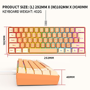Snpurdiri 60% Wired Gaming Keyboard, RGB Backlit Ultra-Compact Mini Keyboard, Waterproof Mini Compact 61 Keys Keyboard for PC/Mac Gamer, Typist, Travel (Cream and Orange)
