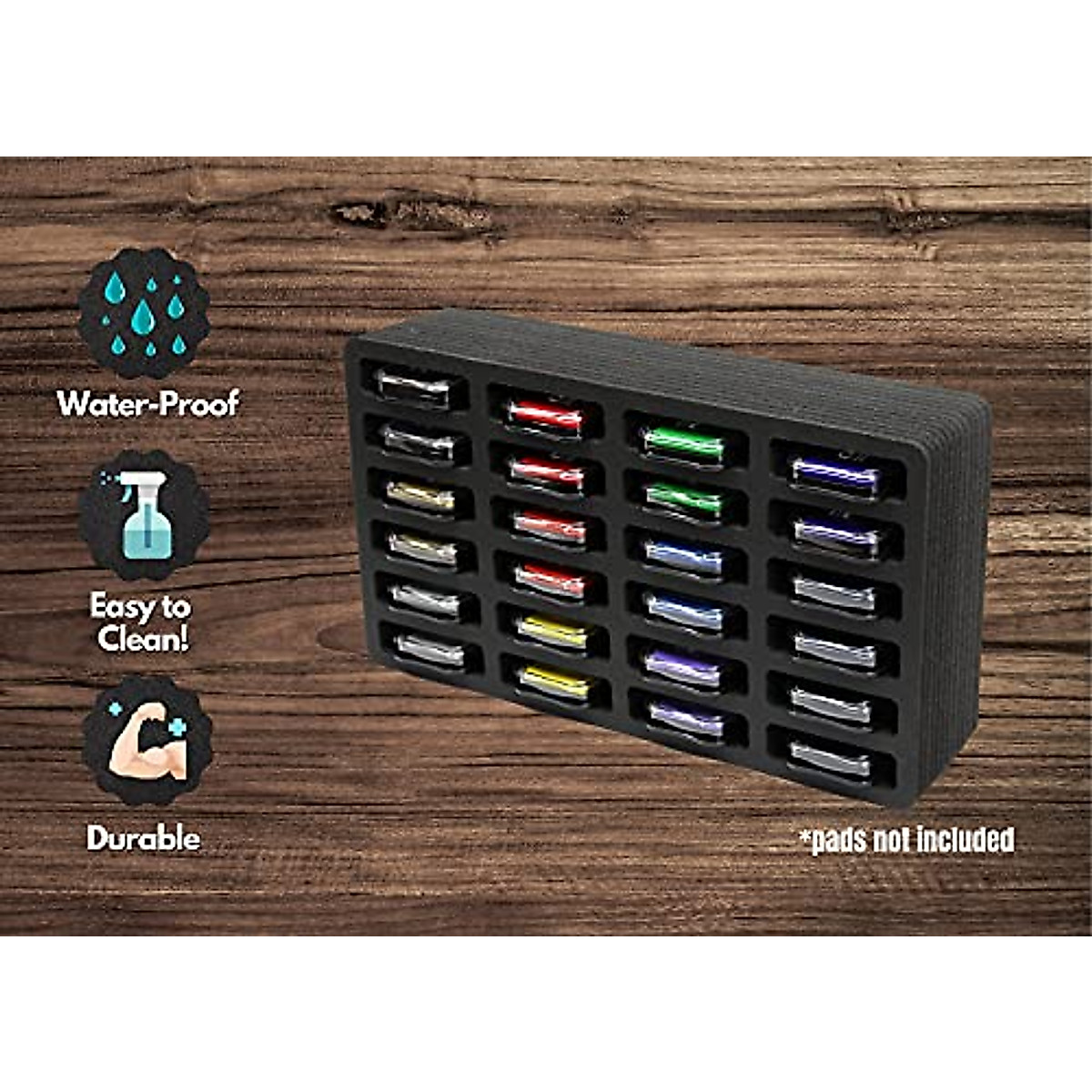 Polar Whale Ink Pad Storage Tray Organizer Stamping Design Stand Supply Black Foam Horizontal Holder Non-Rattle Washable Compatible with Versamark, Versafine, Distress, Stazon and More Holds 24