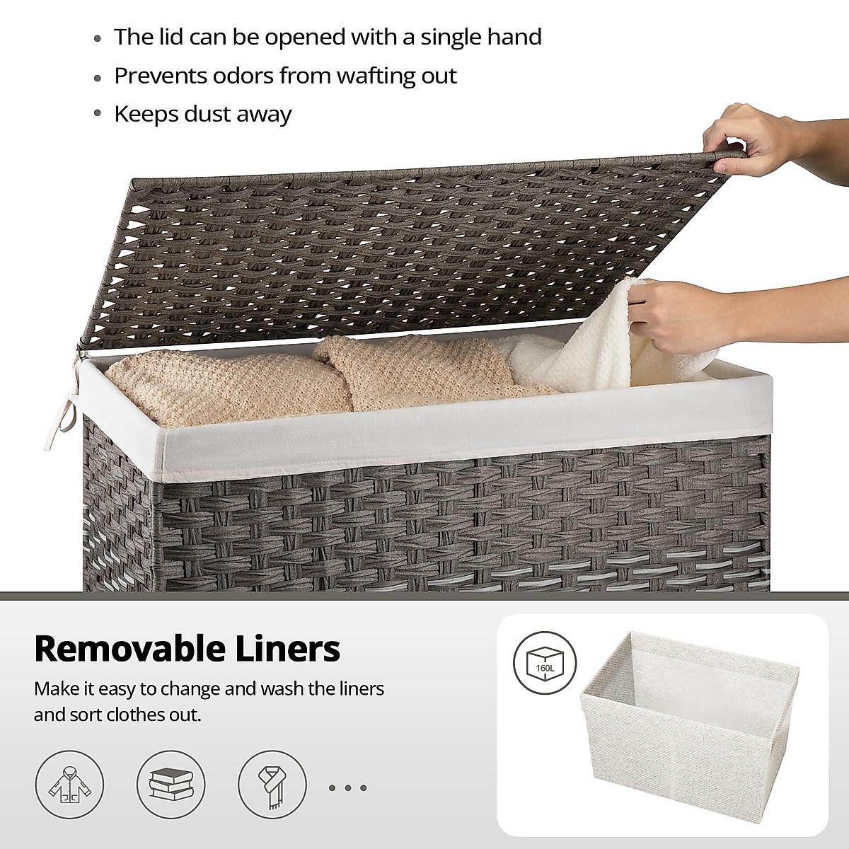 OIAHOMY Extra Large Storage Basket with Lid, 42.3 Gallon (160L) Blanket Basket with Removable Liner Bag, Wicker Basket with Handle, Foldable, Handwoven Basket for Bedroom, Living Room, Grey