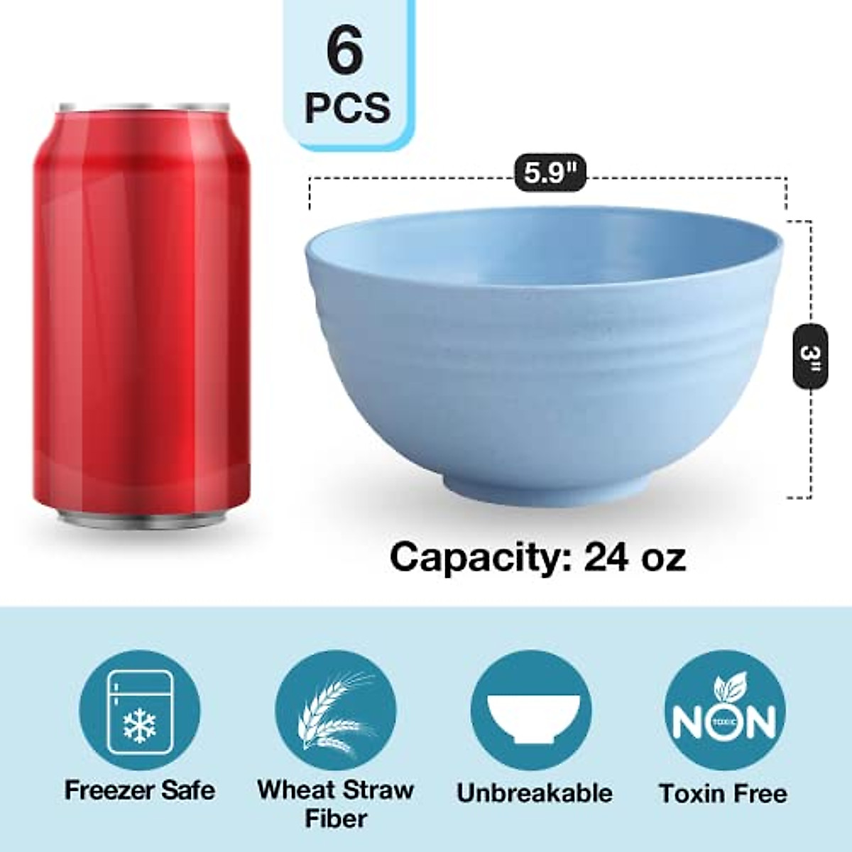 Gencywe Unbreakable Cereal Bowls Set of 6, 24 OZ Wheat Straw Bowls, Microwave & Dishwasher Safe, BPA-Free, Dessert Bowls for Cereal, Serving, Soup, Oatmeal, Pasta, Salad, Lightweight Soup Bowls