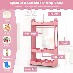 Costzon Kids Dress up Storage Wardrobe, Toddler Armoire Dresser Wardrobe w/Mirror & Cloth Hanger, Cute Crown Patterns, Pretend Costume Closet Toy Organizer, Perfect for Kids Bedroom, Playroom (Pink)