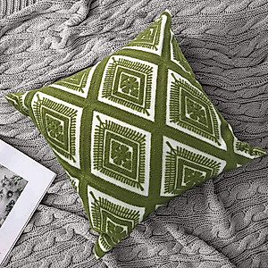 Alysheer Embroidered Decorative Throw Pillow Cover 18"x18", Boho Geometric Modern Thick Embroidery Pattern, Durable Cotton Canvas Soft Cushion Case for Sofa Couch Bed Living Room (Olive Green)