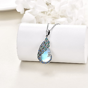 DAYLINLOVE Peacock Necklace for Women Sterling Silver Moonstone Peacock Necklace Peacock Bird Feather Pendant Jewelry for Peacock Lovers