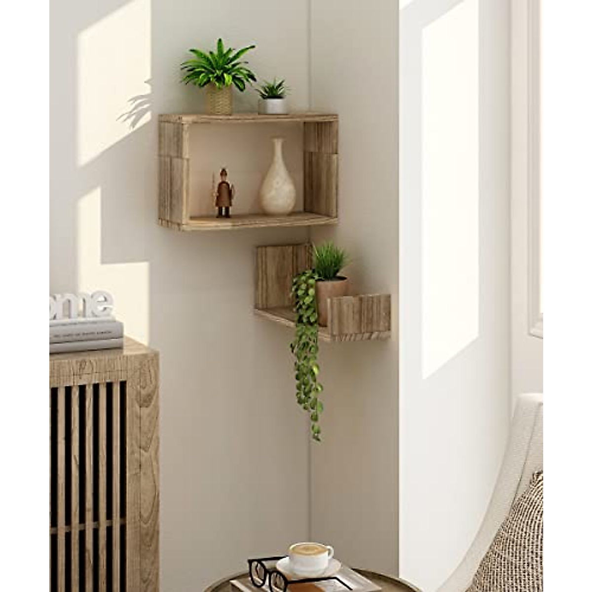 Maxpeuvon Corner Floating Shelves, Wooden Wall Mounted Rustic Farmhouse Organizer Display Pictures Plants Storage Shelf Home Decor for Office, Living Room, Set of 3, Brown