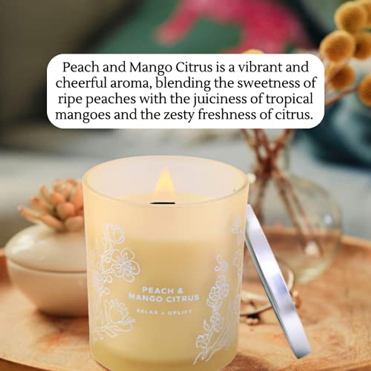 Peach Mango Citrus Scented Candles with Mandarin & Passion Fruit | Large Aromatherapy Candle | Highly Scented Soy Wood Wick Candles for Home | Natural Stress Relief Candles for Men & Women 10.6 oz