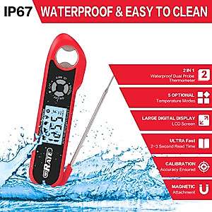Digital Meat Thermometer for Oven, 5 Meat Temperature Settings 2-in-1 IP67 Waterproof 2s Instant Read Grill Cooking Food Thermometer with Dual Probe Magnet for Kitchen, Grill, BBQ, Turkey（Red）
