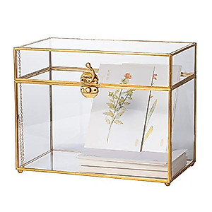 NCYP Gold Glass Card Box with Lid for Wedding Reception (9.9x5.6x7.7 Inches) Handmade Rectangle Decorative Storage Box for Party Wishwell Keepsake, Vintage Terrarium (Glass Box Only) (No Slot)