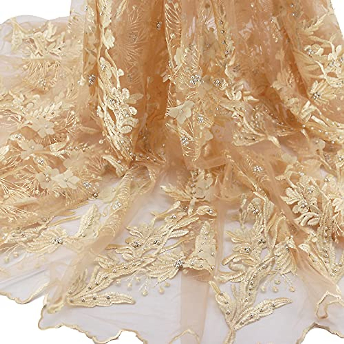 Aisunne African Lace Fabrics 5 Yards Nigerian French Lace Fabric 3D Butterfuly Fashion Embroidered and Beading for Wedding Party Dresses (Apricot)