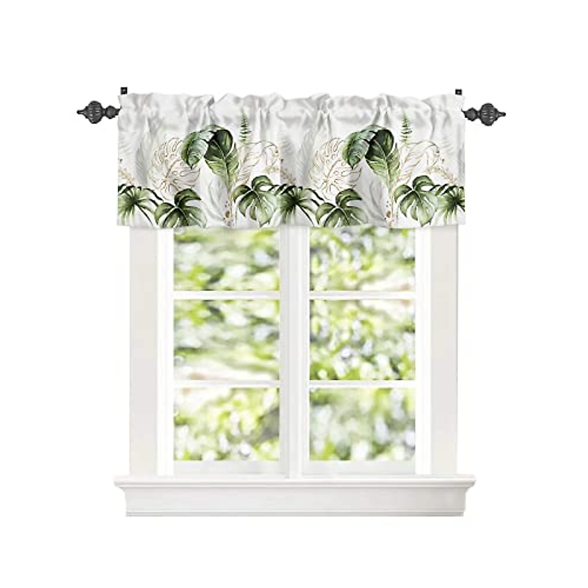 Curtain Valance for Windows Summer Tropical Monstera Leaves Kitchen Valances Rod Pocket Short Curtains,Green Plants Foliage Gold Powder on White Window Treatment Panel for Living Room 42x12in