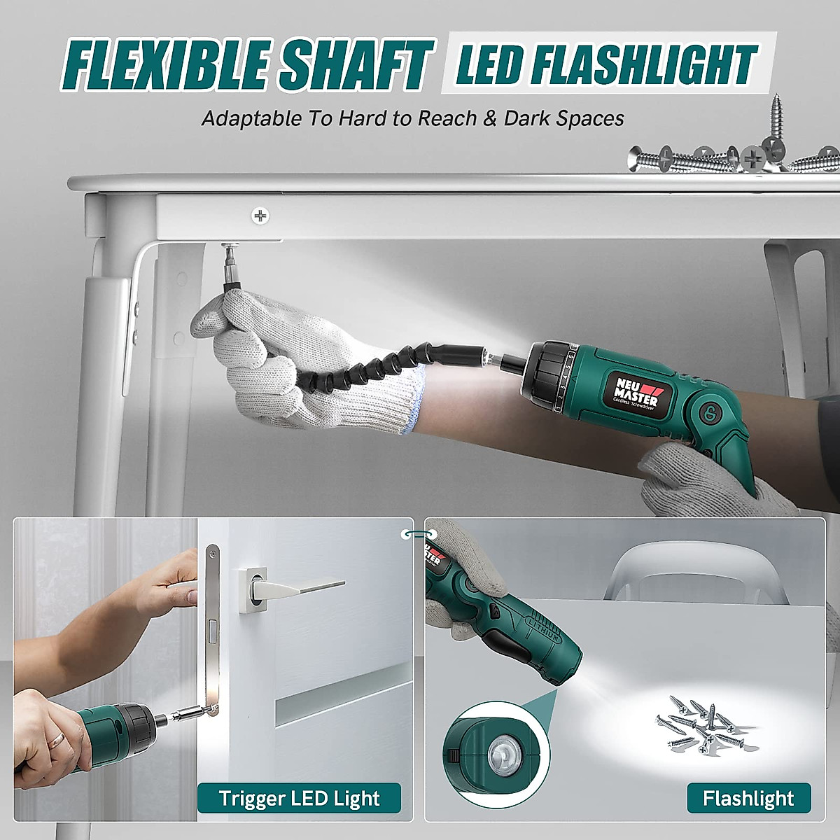 NEU MASTER Cordless Screwdriver, 4V Electric Screwdriver Rechargeable Power Screwdriver With Pivoting Handle, Front And Rear LED Light, 32pcs Bits, 6+1 Torque Setting, 2000 mAh Battery Screwdriver