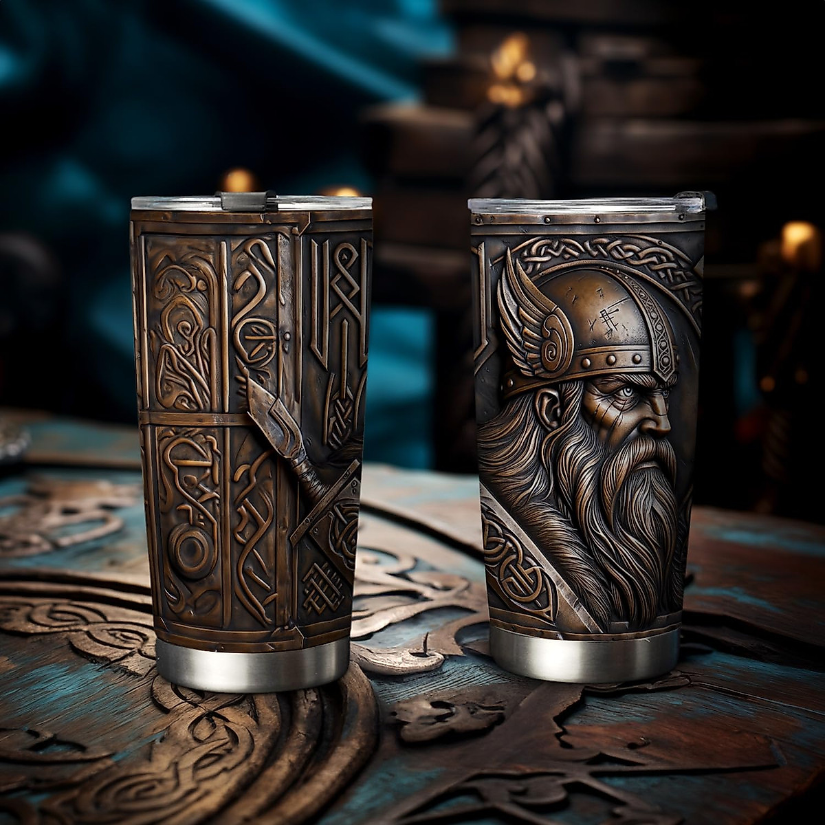20oz Viking Celtic Warrior Tumbler, Norse Mythology, Viking Gifts for Men, Coffee Thermos for Men, Stainless Steel Double Wall Vacuum Insulated Coffee Mug, Travel Cup with Lid