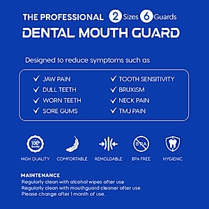 Mouth Guard for Grinding Teeth, Moldable Dental Guard, Professional Mouth Grinding Guard, Night Guard Comfortable Custom Mold for Clenching, Bruxism, Whitening Tray & Sports Guard (6Pack, 2 Sizes)