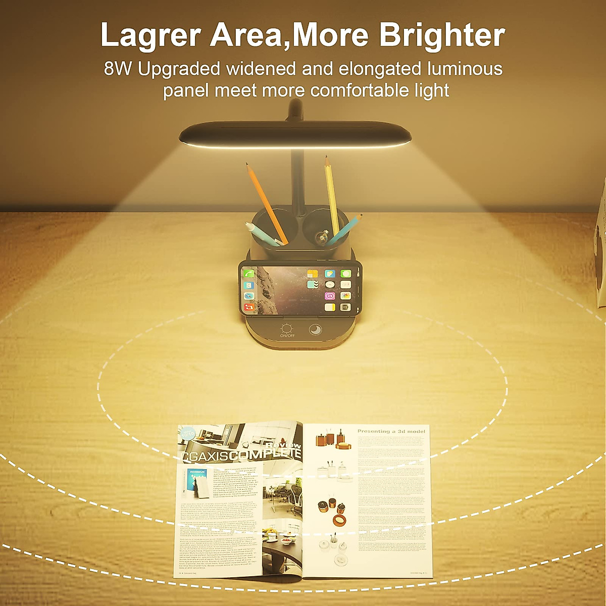 DEEPLITE Desk Lamp,Desk Light for Home Office,Battery Operated,Rechargeable,Pen Holder,800LM 3 Colors Dimmable Adjustable Study Lamp,Cordless Reading Lamps for Dorm Bedrooms.