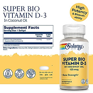 SOLARAY Super Bio Vitamin D-3 in Coconut Oil, Healthy Bone Strength & Immune Support, No Soy, 120 Softgels