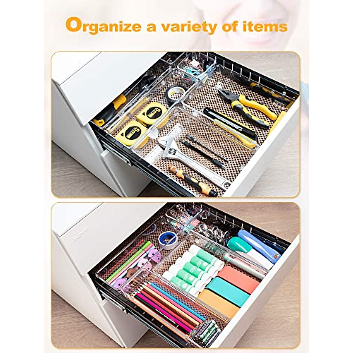 SMARTAKE 22-Piece Drawer Organizers, 7 Sizes Desk Drawer Dividers with Non-Slip Pads, Plastic Dresser Storage Tray Sets, Cosmetic Makeup Jewelries Trays, for, Kitchen, Office, Home, Bathroom (Clear)