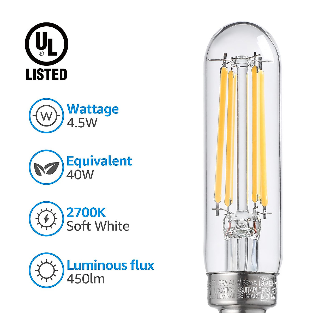 TORCHSTAR 12-Pack T6 LED Bulb, Dimmable Tubular Light Bulb 40 Watt, E12 Candelabra Bulb, 450lm, UL Listed, Edison Filament Light Bulbs for Chandelier, Ceiling Fan, Clear Glass, 2700K Soft White