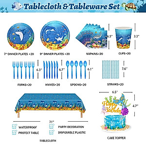 Hombae Under The Sea Party Decorations, Ocean Themed Birthday Tableware Supplies Backdrop Balloon Garland Banner Tablecloth Cake Topper Plate Napkin Cup Straw Knife Spoon Fork Shark Octopus 228 PCs