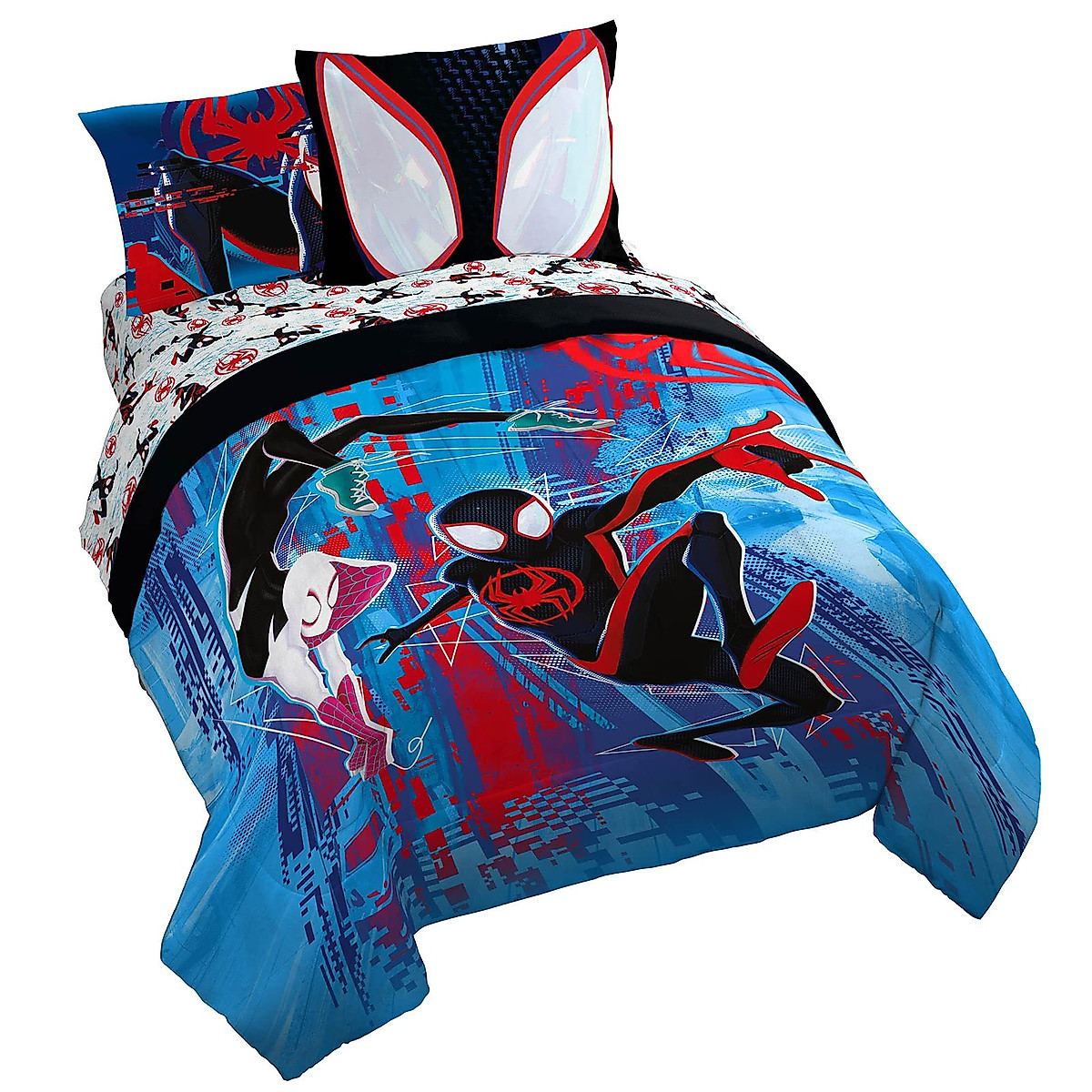 Marvel Spiderman Across The Spider-Verse Glitch 7 Piece Queen Size Bed Set - Includes Comforter & Sheet Set Bedding - Super Soft Fade Resistant Microfiber (Official Product)