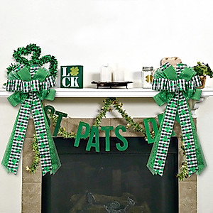 Large Saint Patrick Tree Topper Bows, St Patricks Green Glitter Clover Long Buffalo Plaid Bows for Saint Patrick's Day Home Garden Indoor Outdoor Decoration Wreath Ornament Supplies, 13 x 30 Inches