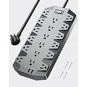 Power Strip, SUPERDANNY Surge Protector 18 AC Outlets and 4 USB Ports with 6.5ft Heavy Duty Flat Plug Extension Cord(15A/1875W), Universal Voltage 110-240V for Home Office Dorm, Silver