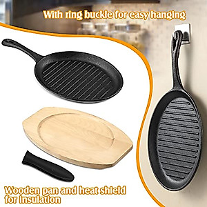 Tanlade 3 Sets Cast Iron Skillets Pre Seasoned Fajita Pan Heavy Duty Construction Sizzling Plates with Wooden Base and Silicone Handle Mitt, Black