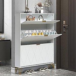 Anbuy Shoe Cabinet, Free Standing Tipping Bucket Entryway Shoes Cabinets, Shoes Storage Cabinet with 3 Flip Drawers, Narrow Shoe Rack Cabinet for Entryway, Modern Shoes Organizer (White)
