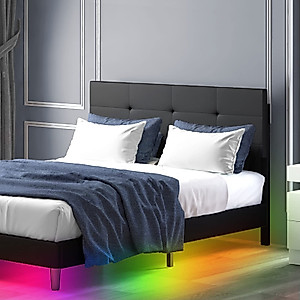 Mjkone Queen Size Bed Frame with Smart RGB LED Lights Button Tufted Headboard PVC Fabric Upholstered Platform No Box Spring Needed - Black