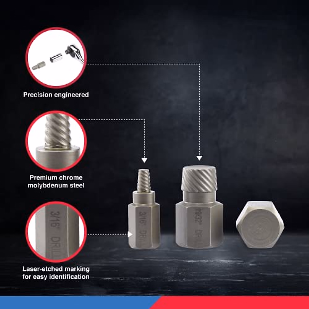 NEIKO 04204A Hex-Head Multispline Screw and Bolt Extractor Set, Easy-Out Screw Extraction, Broken Bolt Remover, Stripped Fastener Tool, 1/8 Inch to 7/8 Inch in 1/32-Inch Increments, CrMo, 25 Pieces