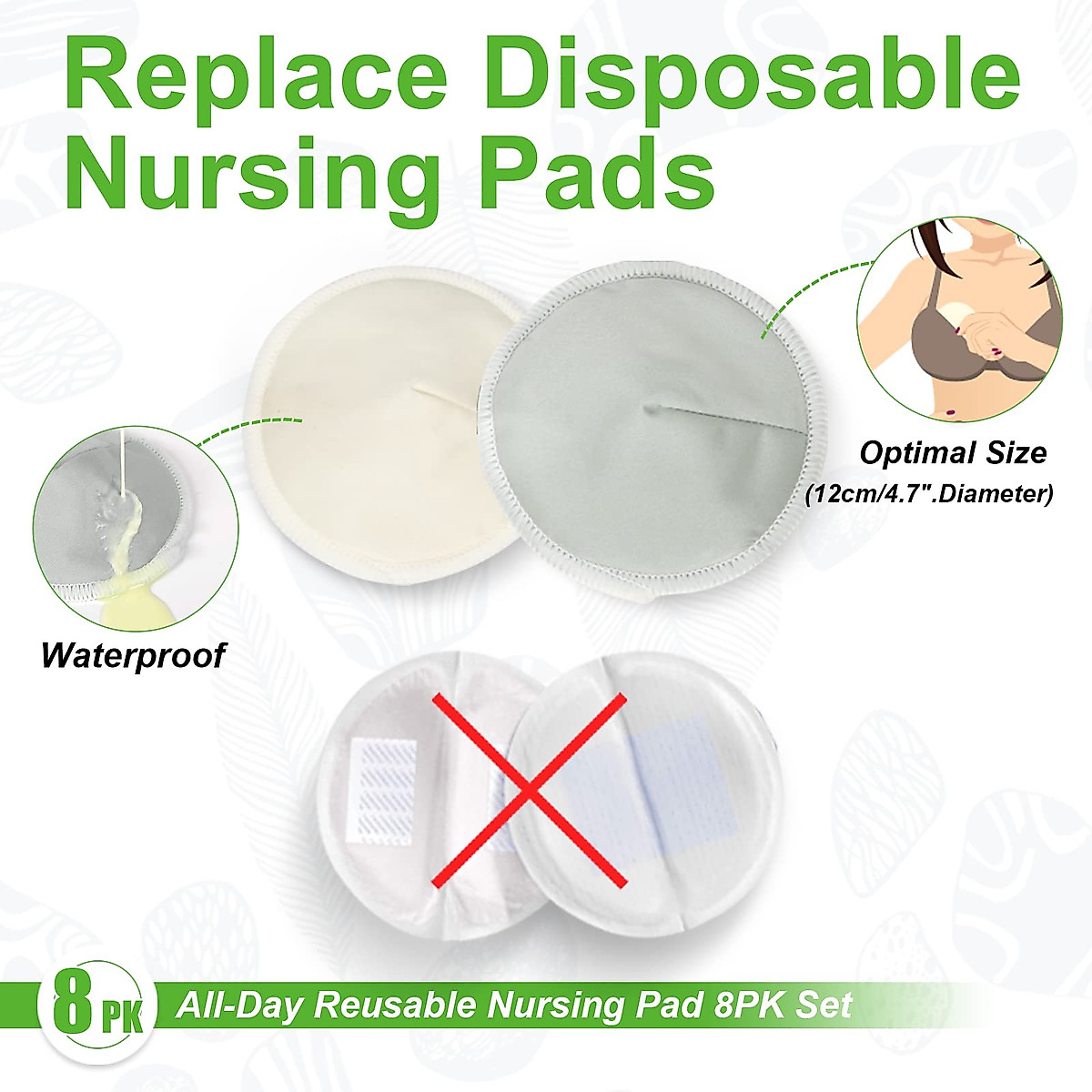 Haakaa All-Day Reusable Nursing Pad Set 8P -Washable Absorbent Bamboo Breast Pad - Perfect Leakproof Nipple Covers for Ladybug Letdown Catcher Pump & Postpartum Breastfeeding Mom w/Laundry Bag