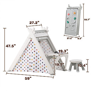 Merax Foldable Triangle Climber, 4-in-1 Kids Hideaway Play Tent with Art Easel, Stool for Toddlers, Climbing Triangle Crawling Tunnel Toy Activity Play Set (White)