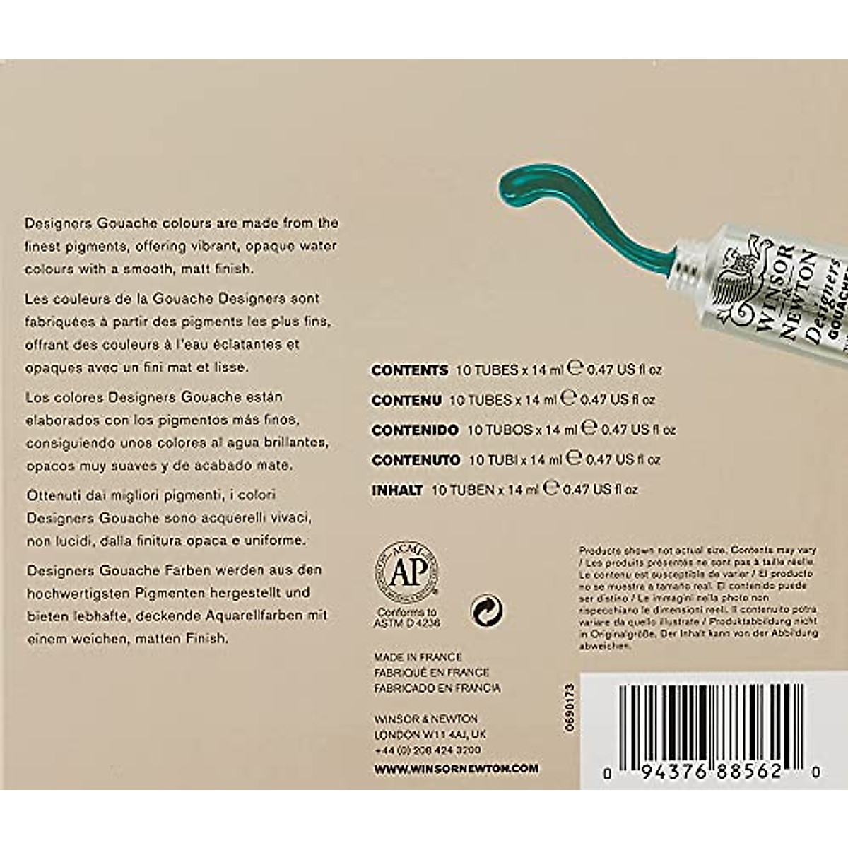 Winsor & Newton Designers' Gouache Introductory 10-Tube Paint Set, 14ml,Blue,green,ivory,white